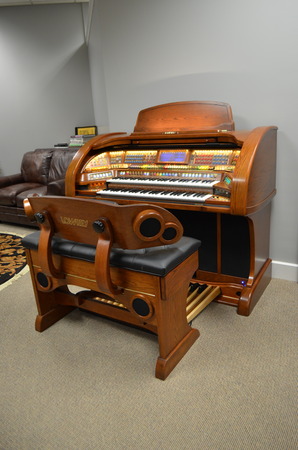 Lowrey Imperial organ, warm oak cabinet